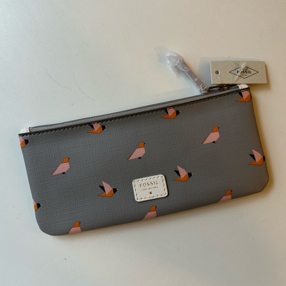 Fossil | Bags | New Fossil Paige Pouch With Origami Birds Gray | Poshmark